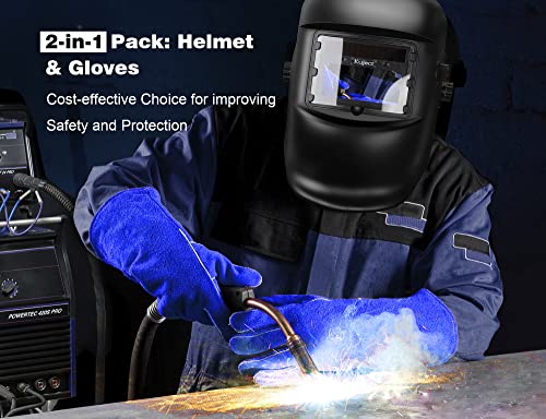 Kuject Auto Darkening Welding Helmet with Welding Gloves, True Color Solar/Battery Powered Welding Hood, Welding Mask With Wide Shade 4/9-13 for MMA TIG MIG MAG Arc Welder Mask