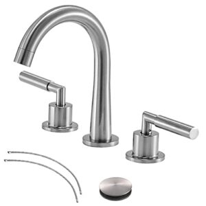 vesla home modern brushed nickel 3 hole bathroom faucet widespread, 2 handle lavatory vanity stainless steel bathroom sink faucet with pop-up drain and water hoses