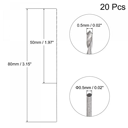 uxcell 20 Pcs 0.5mm Mini Micro Twist Drill Bits, High-Speed Steel Straight Shank Extra Long Drill Bit 80mm for Aluminum Alloy