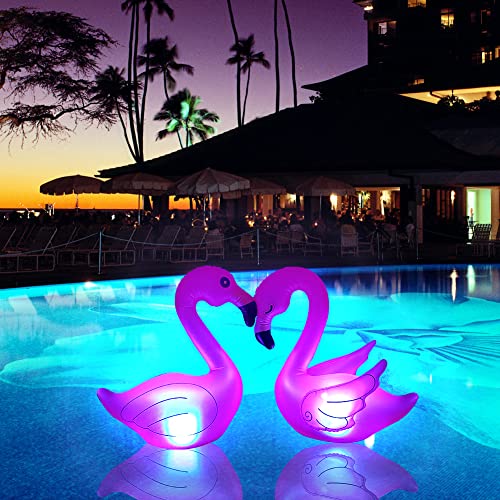 Christmas Pool Floats Lights 2PCS, Solar Flamingo Floating Pool Lights wiht Remote, Inflatable Light Up Flamingo Glow in Dark for Pool Spa Patio, Wedding, Party Christmas Decorations