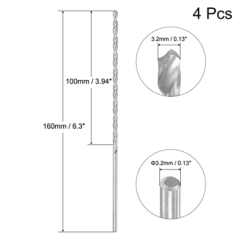 uxcell HSS(High Speed Steel) Extra Long Twist Drill Bits, 3.2mm Drill Diameter 160mm Length 4 Pcs