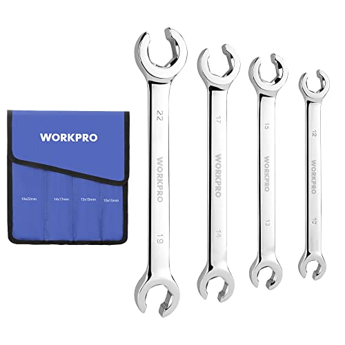 WORKPRO Flare Nut Wrench Set, Metric, 4-piece, 10, 12, 13, 14, 15, 17, 19, 22mm, Cr-V Steel, 15° Offset End Brake Line Wrenches Set, Organizer Pouch Included