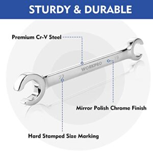 WORKPRO Flare Nut Wrench Set, Metric, 4-piece, 10, 12, 13, 14, 15, 17, 19, 22mm, Cr-V Steel, 15° Offset End Brake Line Wrenches Set, Organizer Pouch Included