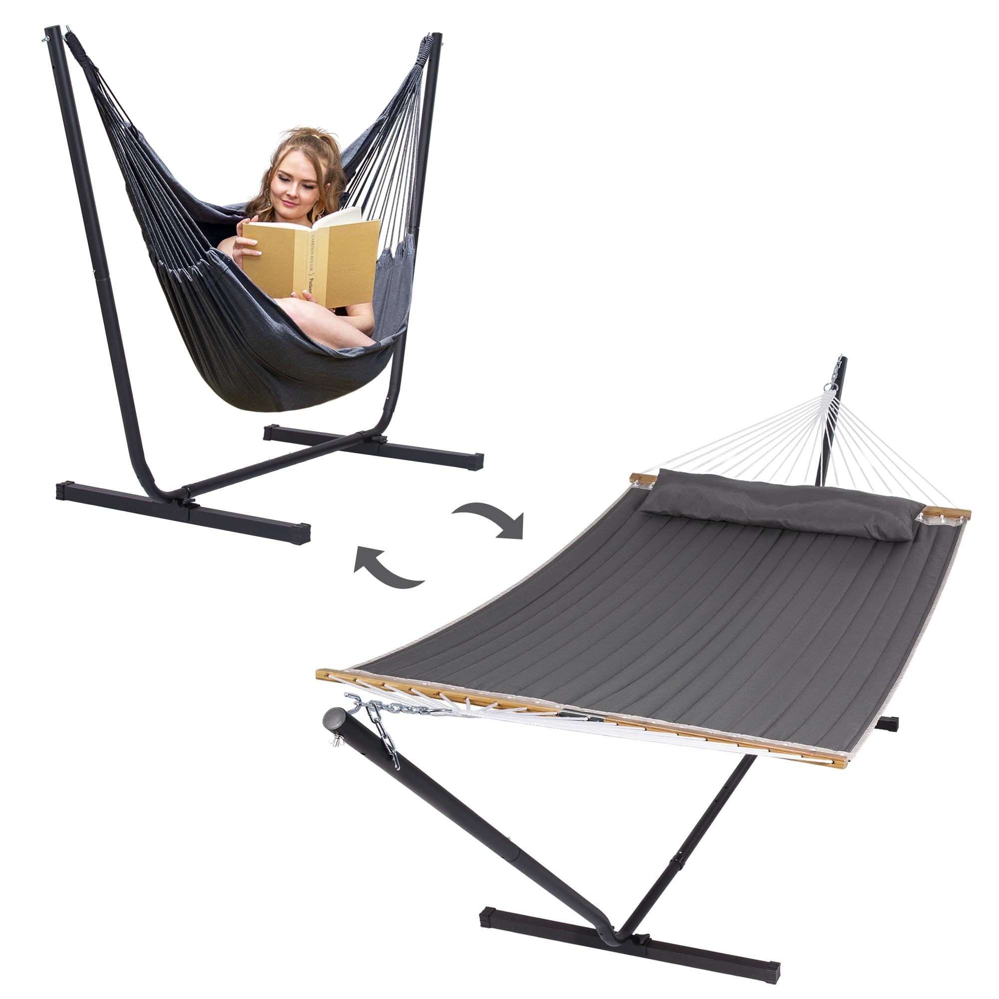 SUNCREAT 2-in-1 Outdoor Patio Hammock with Stand, Large Fluffy Pillow, Free Standing Double Hammock, Patent Pending, Dark Gray