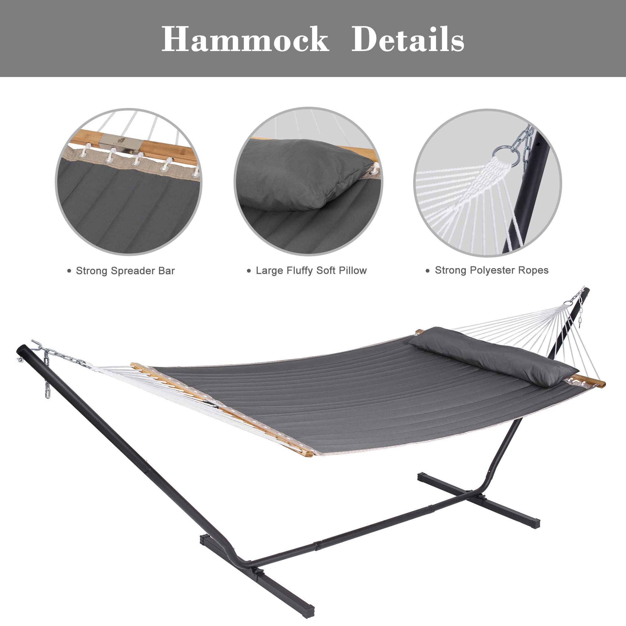 SUNCREAT 2-in-1 Outdoor Patio Hammock with Stand, Large Fluffy Pillow, Free Standing Double Hammock, Patent Pending, Dark Gray