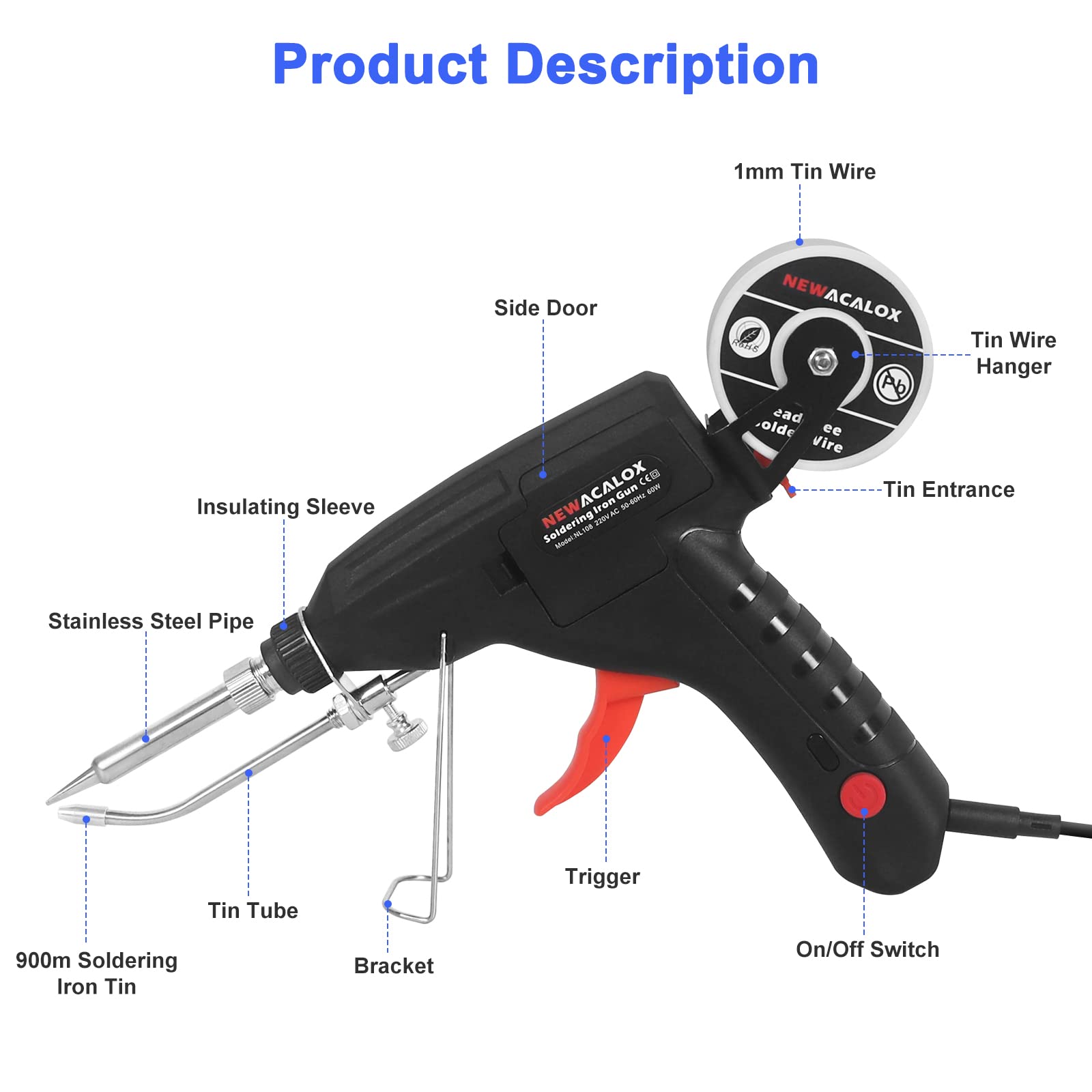 NEWACALOX Soldering Gun, 60W Automatic Hand-held Soldering Iron Kit with Bracket, Solder Wire, Desoldering Pump, Iron Tips for Electronics, Car Repair, Home DIY