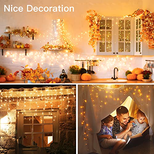 Ollny Icicle Lights Outdoor Warm White, 720LED 60FT Christmas Lights with Remote 8 Modes IP44 Waterproof, Dimmable Connectable Timer Hanging Lights for House Outside Yard Indoor Decorations