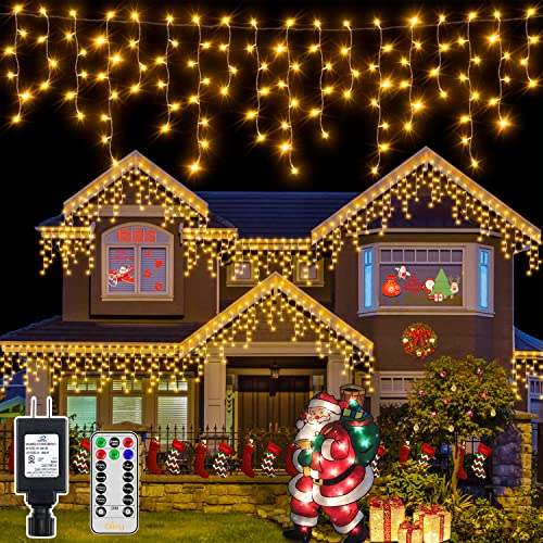 Ollny Icicle Lights Outdoor Warm White, 720LED 60FT Christmas Lights with Remote 8 Modes IP44 Waterproof, Dimmable Connectable Timer Hanging Lights for House Outside Yard Indoor Decorations