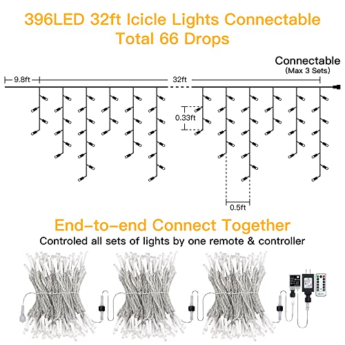 Ollny Icicle Lights Outdoor Warm White, 720LED 60FT Christmas Lights with Remote 8 Modes IP44 Waterproof, Dimmable Connectable Timer Hanging Lights for House Outside Yard Indoor Decorations