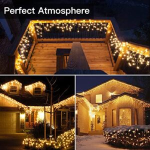 Ollny Icicle Lights Outdoor Warm White, 720LED 60FT Christmas Lights with Remote 8 Modes IP44 Waterproof, Dimmable Connectable Timer Hanging Lights for House Outside Yard Indoor Decorations