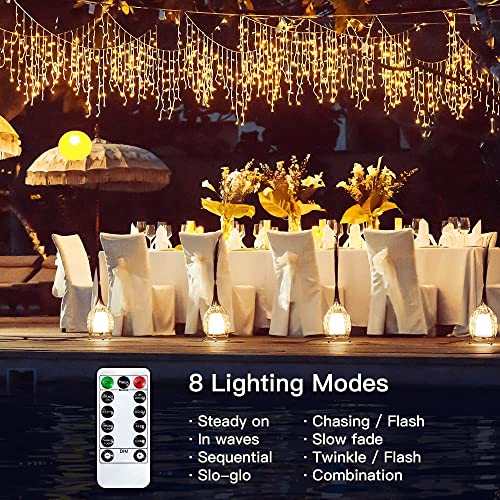 Ollny Icicle Lights Outdoor Warm White, 720LED 60FT Christmas Lights with Remote 8 Modes IP44 Waterproof, Dimmable Connectable Timer Hanging Lights for House Outside Yard Indoor Decorations