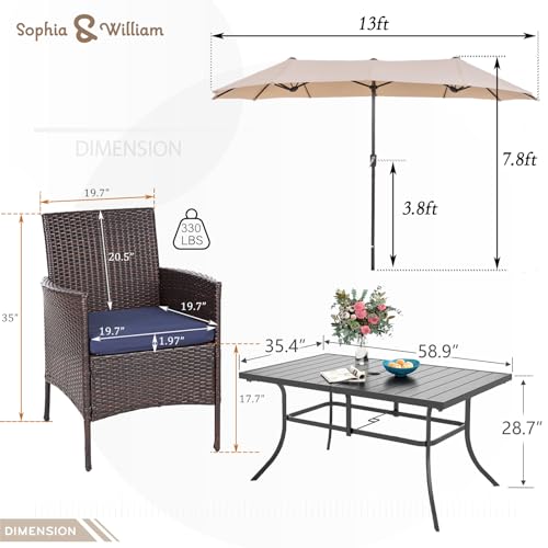 Sophia & William 7 Pieces Patio Dining Set with 13ft Umbrella for Outside, Metal Patio Table and Rattan Chairs Set with Cushion, Beige