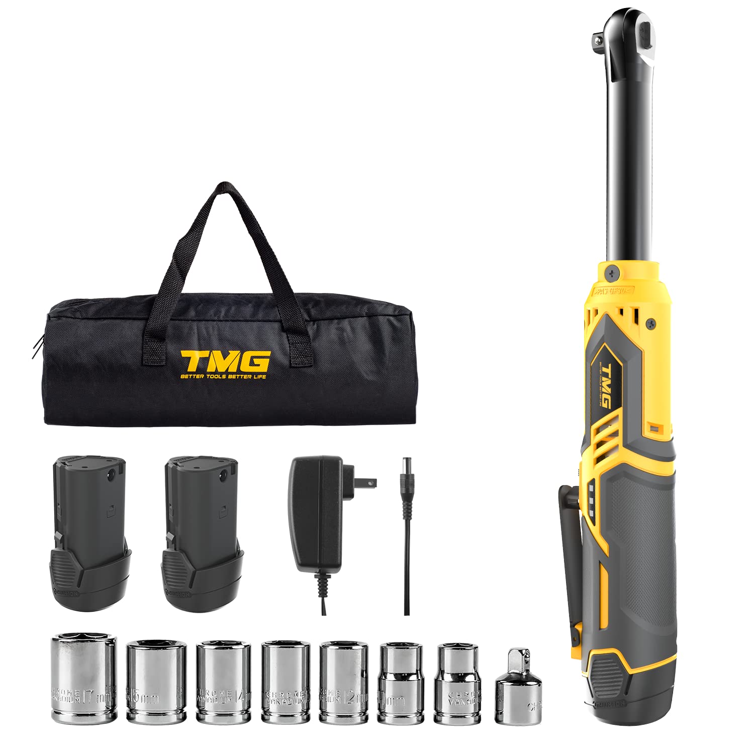 Meagle Extended Cordless Electric Ratchet Wrench, 3/8" 40 Ft-lbs 12V Long Reach Electric Ratchet Wrench Kit w/ 60-Min Fast Charge, Variable Speed, 2X2.0Ah Lithium-Ion Batteries, 7 Sockets& Tool Bag