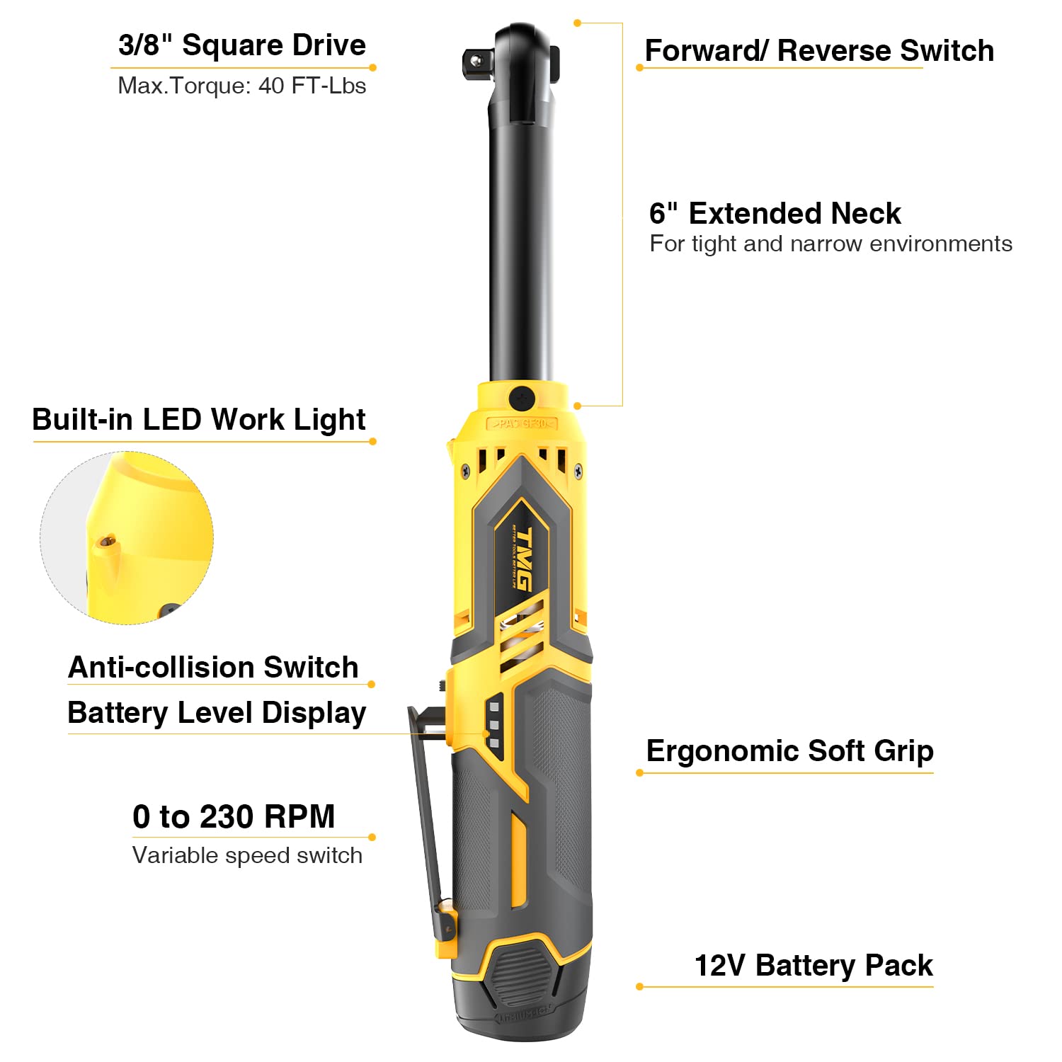 Meagle Extended Cordless Electric Ratchet Wrench, 3/8" 40 Ft-lbs 12V Long Reach Electric Ratchet Wrench Kit w/ 60-Min Fast Charge, Variable Speed, 2X2.0Ah Lithium-Ion Batteries, 7 Sockets& Tool Bag