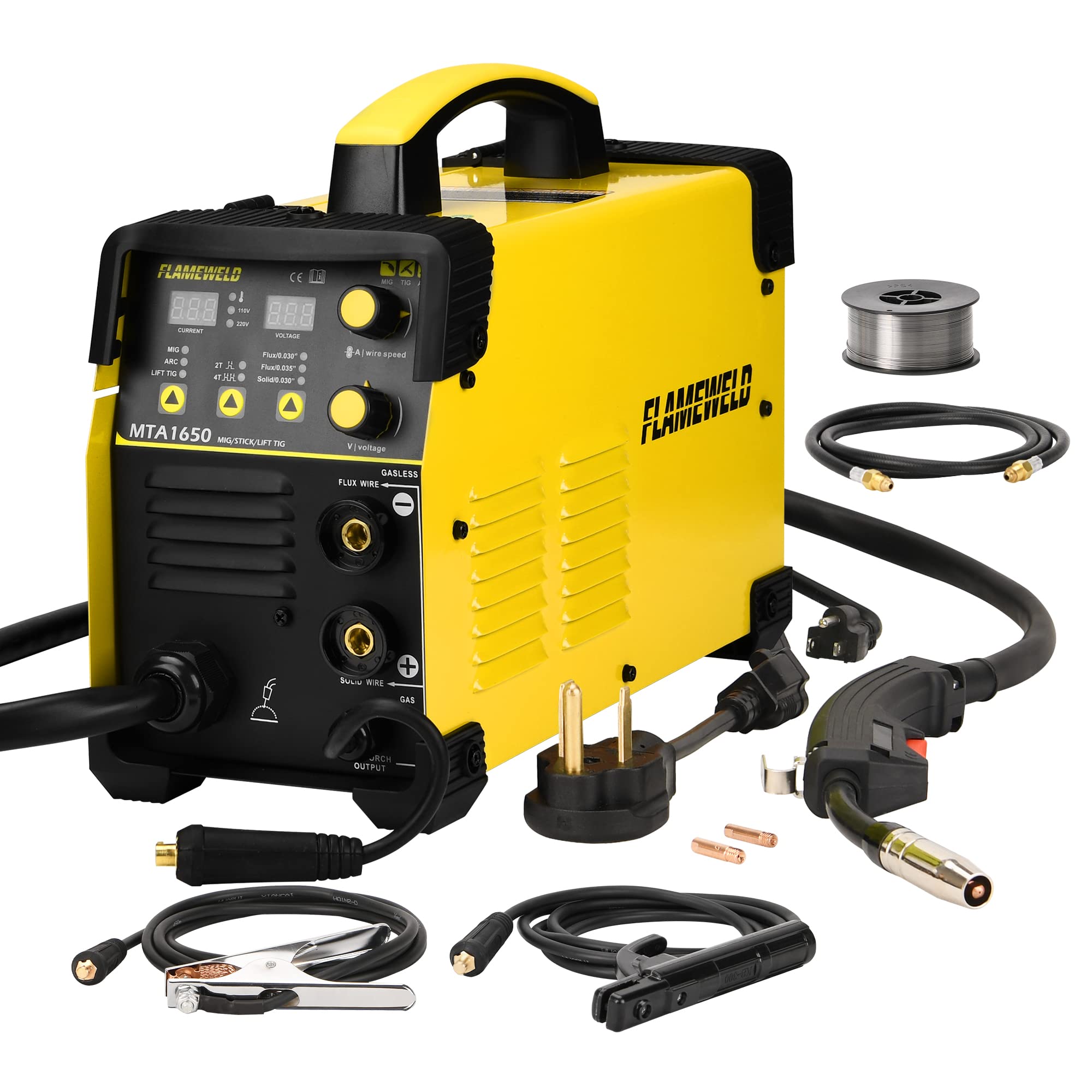 Flameweld MIG ARC TIG 3 In 1 Gas/Gasless MIG Welder Machine, 110/220V MTA1650 Dual Voltage MMA/MIG/Lift Tig Welder, 160Amps MIG Welding Machine