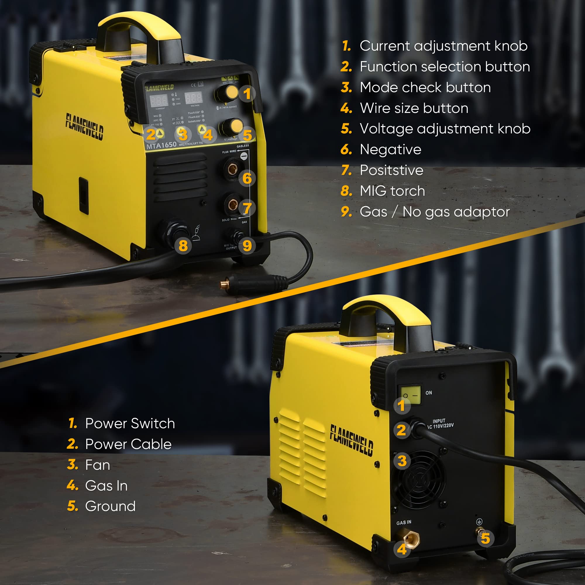 Flameweld MIG ARC TIG 3 In 1 Gas/Gasless MIG Welder Machine, 110/220V MTA1650 Dual Voltage MMA/MIG/Lift Tig Welder, 160Amps MIG Welding Machine