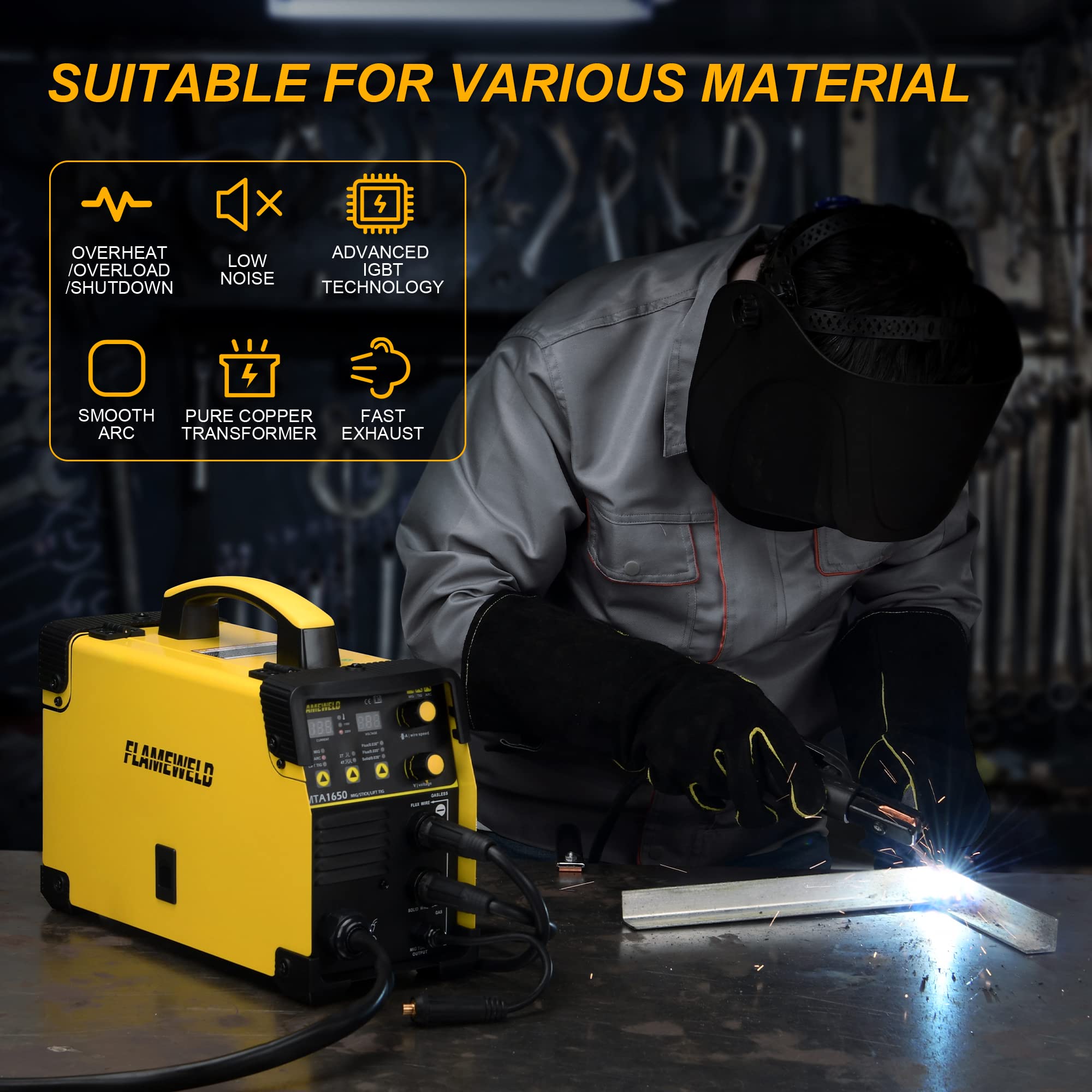 Flameweld MIG ARC TIG 3 In 1 Gas/Gasless MIG Welder Machine, 110/220V MTA1650 Dual Voltage MMA/MIG/Lift Tig Welder, 160Amps MIG Welding Machine