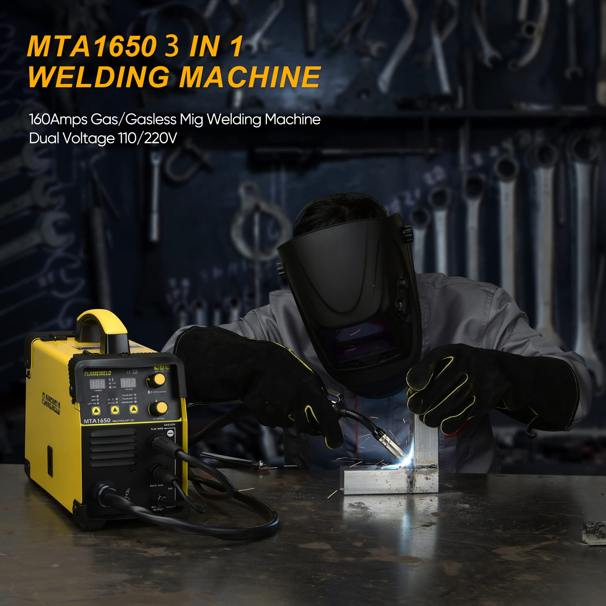 Flameweld MIG ARC TIG 3 In 1 Gas/Gasless MIG Welder Machine, 110/220V MTA1650 Dual Voltage MMA/MIG/Lift Tig Welder, 160Amps MIG Welding Machine