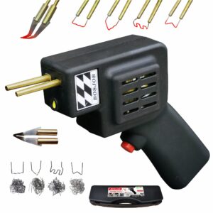 bosjob 110w plastic welder kit with patterned spatula and 4 types of hot staples for car bumper repair and kayak, thin plastic and all kinds of cracks and holes.