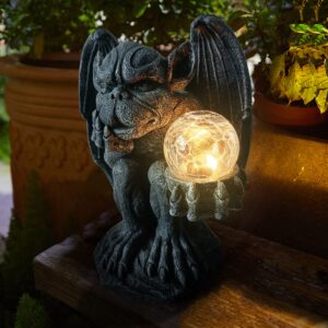 MIBUNG Large Gargoyle Statue Holding Magic Orb with Solar Lights Outdoor Decor, Gargoyle Monster Dragon Garden Guardian Gothic Creep Scary Sculpture, Patio Yard Lawn Decoration, Valentine's Day Gift