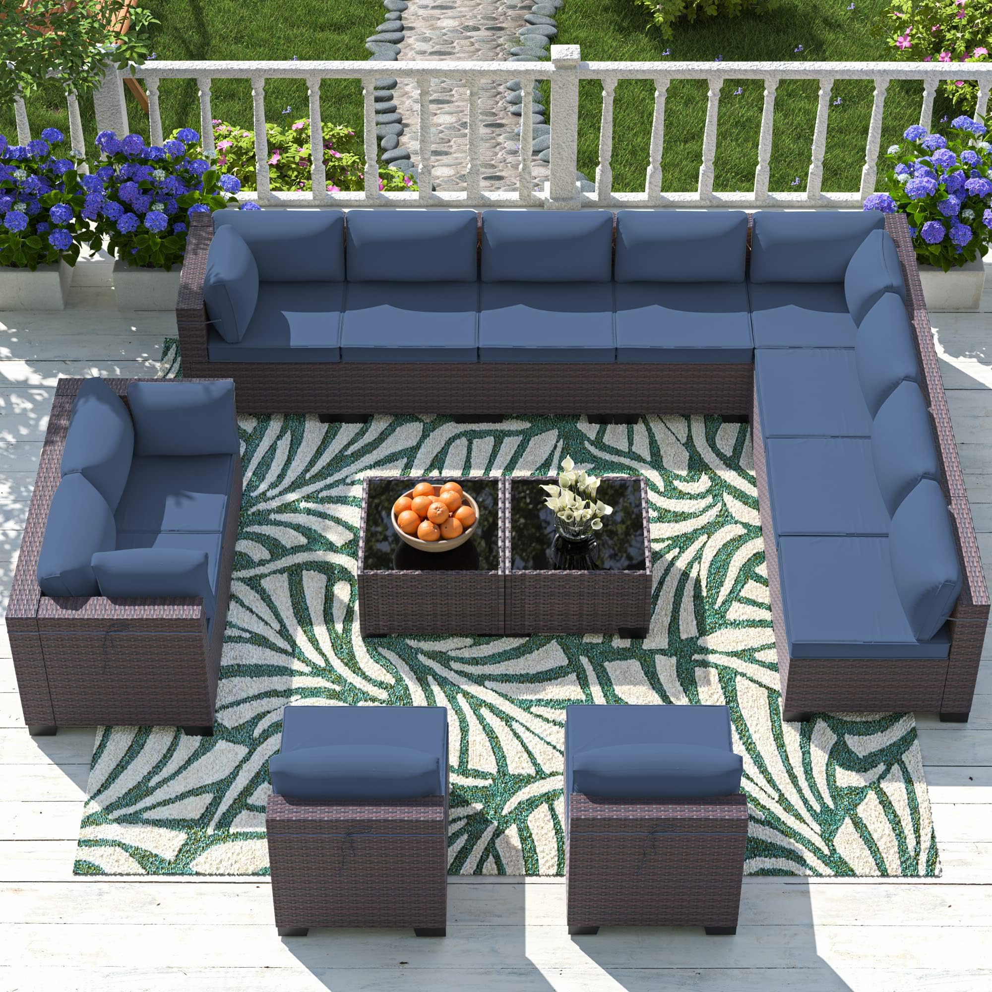 ASJMR Outdoor Patio Furniture Set, 14 Pieces Outdoor Sectional Sofa, All-Weather PE Rattan Conversation Set with Tempered Glass Top Table & Cushions(Dark Blue)