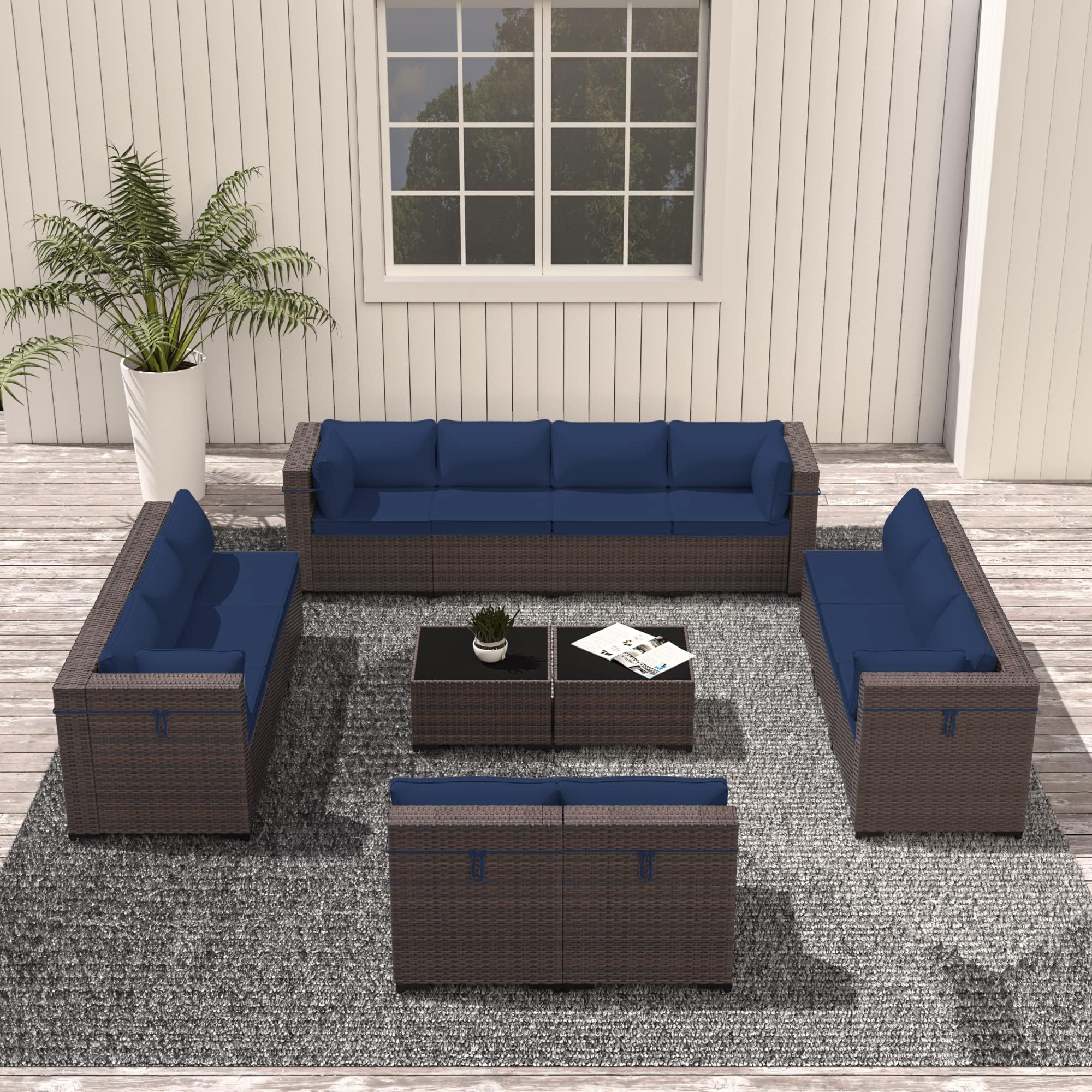 ASJMR Outdoor Patio Furniture Set, 14 Pieces Outdoor Sectional Sofa, All-Weather PE Rattan Conversation Set with Tempered Glass Top Table & Cushions(Dark Blue)