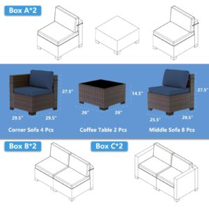 ASJMR Outdoor Patio Furniture Set, 14 Pieces Outdoor Sectional Sofa, All-Weather PE Rattan Conversation Set with Tempered Glass Top Table & Cushions(Dark Blue)