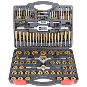 wynnsky die and tap set in sae and metric, hex threading dies for external threads, thread tap for internal threads, thread wrench, thread pitch gauge, 86 pieces gauge kit for diy tapered