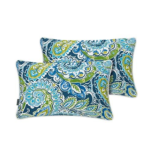 Magpie Fabrics Pack of 2 Outdoor Indoor Lumbar Pillow Covers 12"x20", Waterproof Rectangular Decorative Throw Pillowcase Shell Cushion Sham for Patio Garden Balcony Tent Couch - Paisley Lapis Green