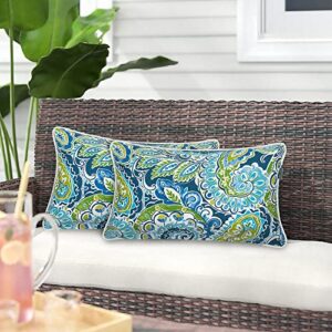 magpie fabrics pack of 2 outdoor indoor lumbar pillow covers 12"x20", waterproof rectangular decorative throw pillowcase shell cushion sham for patio garden balcony tent couch - paisley lapis green