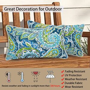 Magpie Fabrics Pack of 2 Outdoor Indoor Lumbar Pillow Covers 12"x20", Waterproof Rectangular Decorative Throw Pillowcase Shell Cushion Sham for Patio Garden Balcony Tent Couch - Paisley Lapis Green