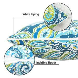 Magpie Fabrics Pack of 2 Outdoor Indoor Lumbar Pillow Covers 12"x20", Waterproof Rectangular Decorative Throw Pillowcase Shell Cushion Sham for Patio Garden Balcony Tent Couch - Paisley Lapis Green