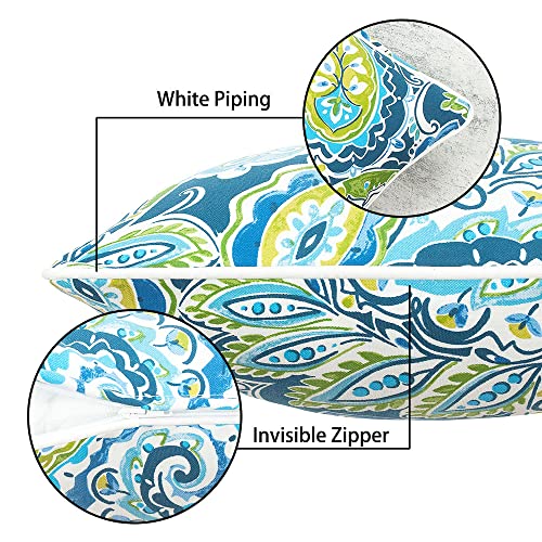 Magpie Fabrics Pack of 2 Outdoor Indoor Lumbar Pillow Covers 12"x20", Waterproof Rectangular Decorative Throw Pillowcase Shell Cushion Sham for Patio Garden Balcony Tent Couch - Paisley Lapis Green