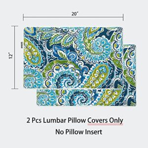 Magpie Fabrics Pack of 2 Outdoor Indoor Lumbar Pillow Covers 12"x20", Waterproof Rectangular Decorative Throw Pillowcase Shell Cushion Sham for Patio Garden Balcony Tent Couch - Paisley Lapis Green