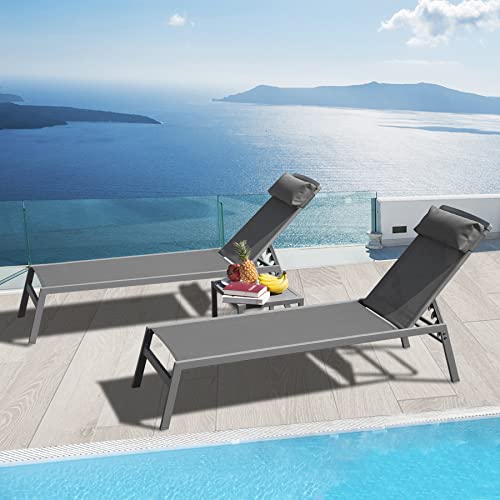 Domi Patio 3 Pieces Aluminum Textilene Chaise Lounge Set with Side Table Outdoor,Adjustable Back&Pillow for Yard,Garden,Sunbathing,for All Seasons,Gray(2022 New)