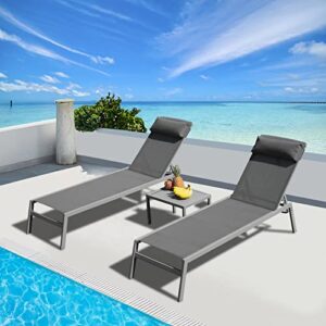 Domi Patio 3 Pieces Aluminum Textilene Chaise Lounge Set with Side Table Outdoor,Adjustable Back&Pillow for Yard,Garden,Sunbathing,for All Seasons,Gray(2022 New)