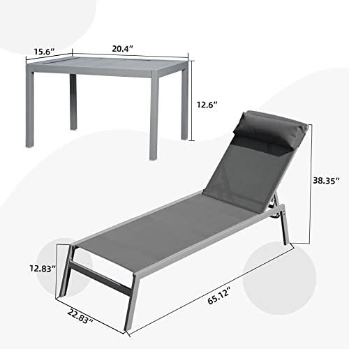 Domi Patio 3 Pieces Aluminum Textilene Chaise Lounge Set with Side Table Outdoor,Adjustable Back&Pillow for Yard,Garden,Sunbathing,for All Seasons,Gray(2022 New)