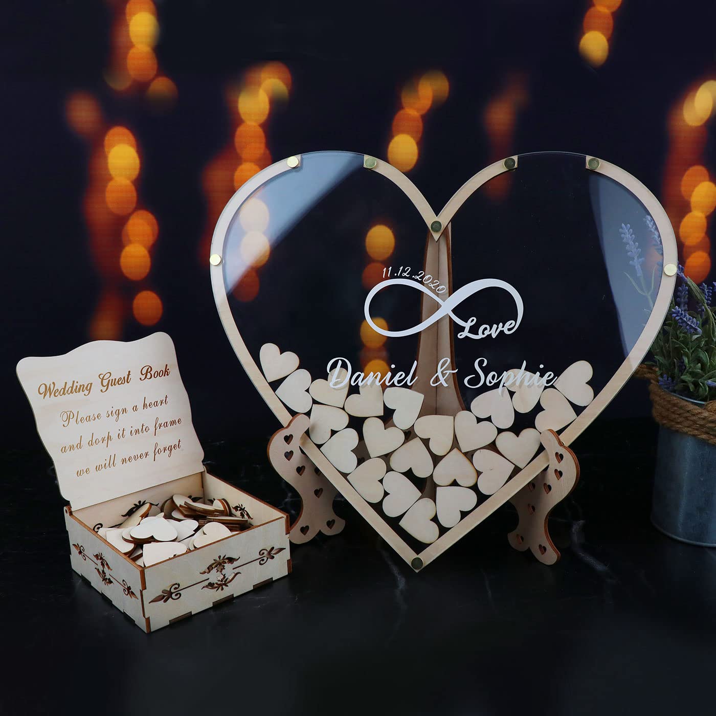 HZGUEOSTB Wedding Guest Book Alternative,with Box and Small Hearts,Personalized Infinity Love Heart Drop Guest Sign for Rustic Wedding Decorations,Anniversary and Birthday(style4, heart)