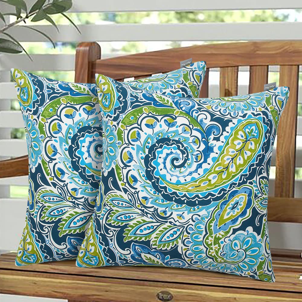 Magpie Fabrics Pack of 2 Indoor Outdoor Waterproof Throw Pillow Covers 18 x 18 Inch, Decorative Pillowcase Shell Cushion Sham for Garden Patio Tent Balcony Couch Sofa(Paisley Lapis Green)