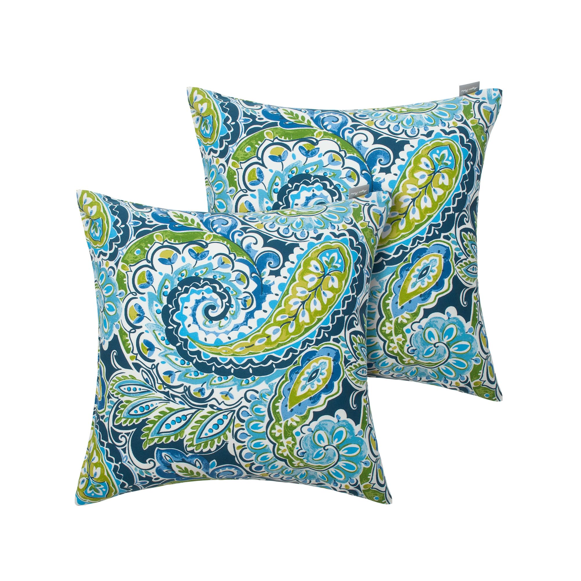 Magpie Fabrics Pack of 2 Indoor Outdoor Waterproof Throw Pillow Covers 18 x 18 Inch, Decorative Pillowcase Shell Cushion Sham for Garden Patio Tent Balcony Couch Sofa(Paisley Lapis Green)