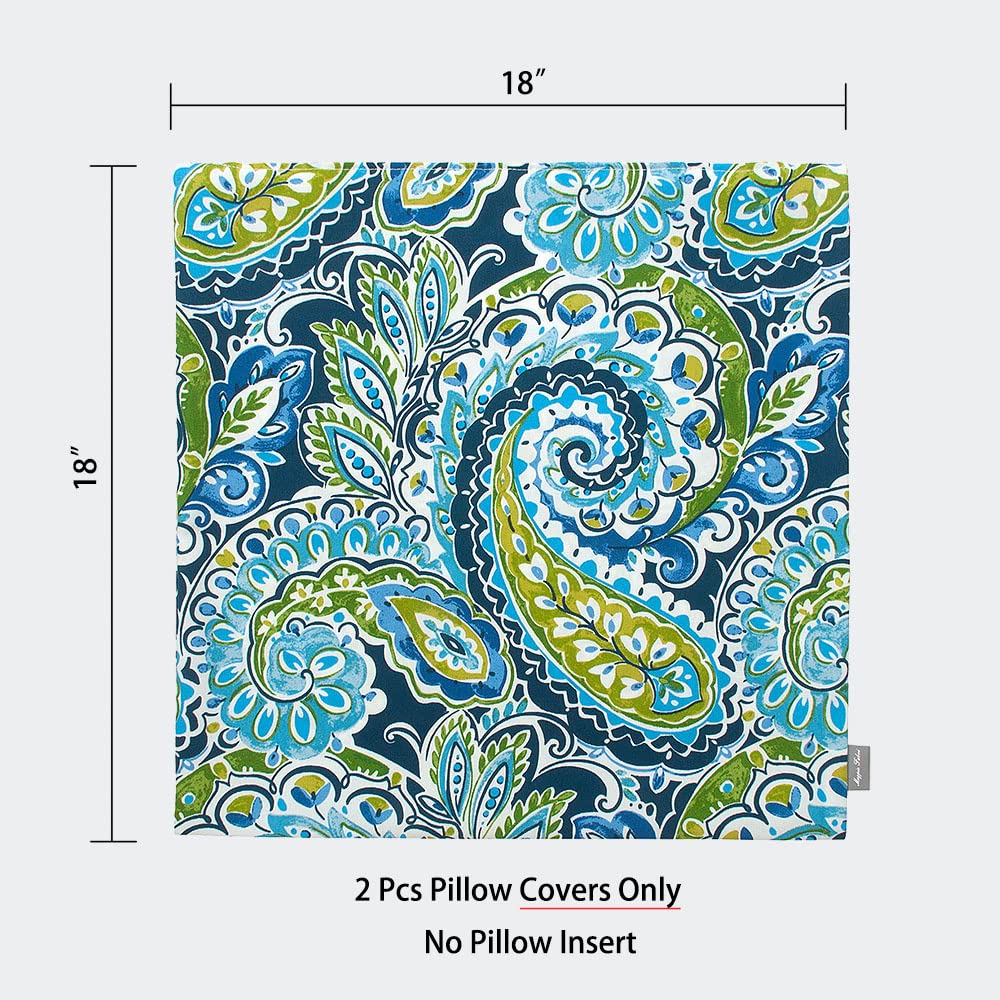 Magpie Fabrics Pack of 2 Indoor Outdoor Waterproof Throw Pillow Covers 18 x 18 Inch, Decorative Pillowcase Shell Cushion Sham for Garden Patio Tent Balcony Couch Sofa(Paisley Lapis Green)