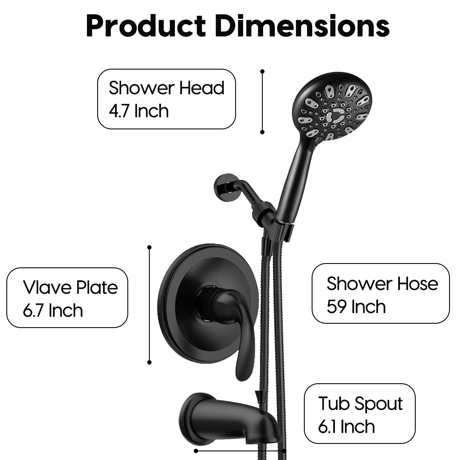 WRISIN Black Shower Faucet Set with Tub Spout (Valve Included), Black Shower Head and Handle Set, Bathtub Faucet Set with 4.7 Inch & 6 Setting Handheld