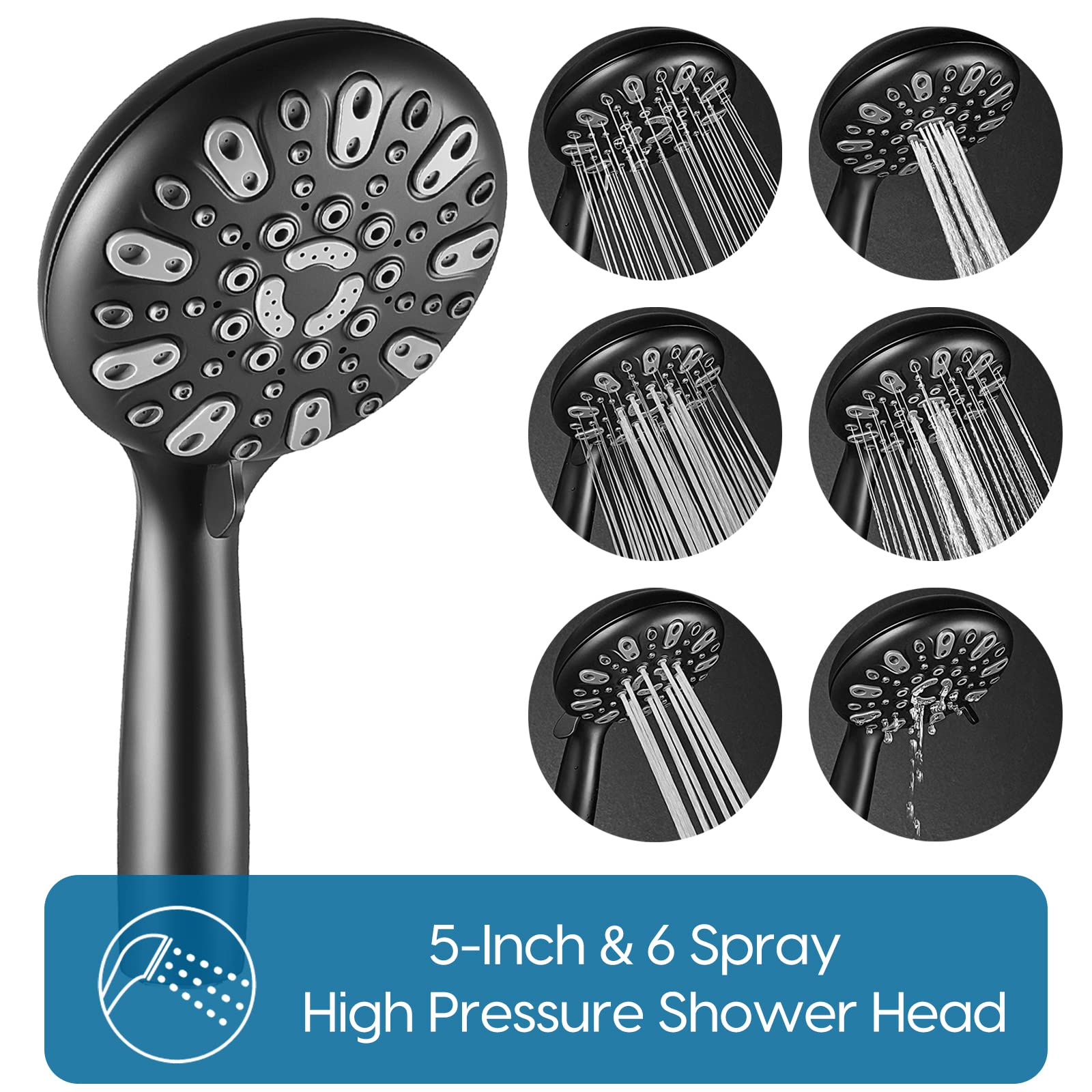 WRISIN Black Shower Faucet Set with Tub Spout (Valve Included), Black Shower Head and Handle Set, Bathtub Faucet Set with 4.7 Inch & 6 Setting Handheld