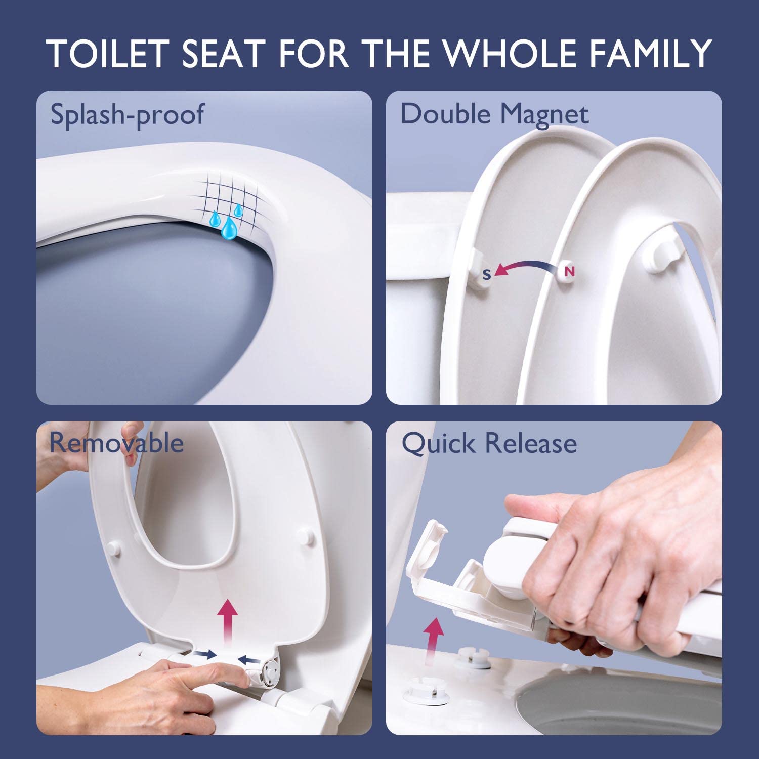 Elongated Toilet Seat with Slow Close Seat, Easy Clean, Suitable Standard Elongated or Oval Toilet with Thickened Plastic Lid, Plastic, White