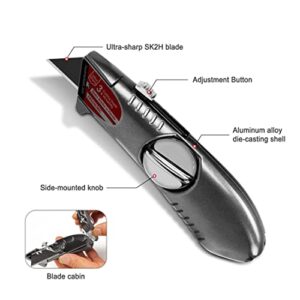 HAUTMEC Heavy-Duty Retractable Utility Knife, one-piece 3 Position Fixed Blade Box Cutter, Aluminum Alloy Shell with 3 extra blades HT0247-KN