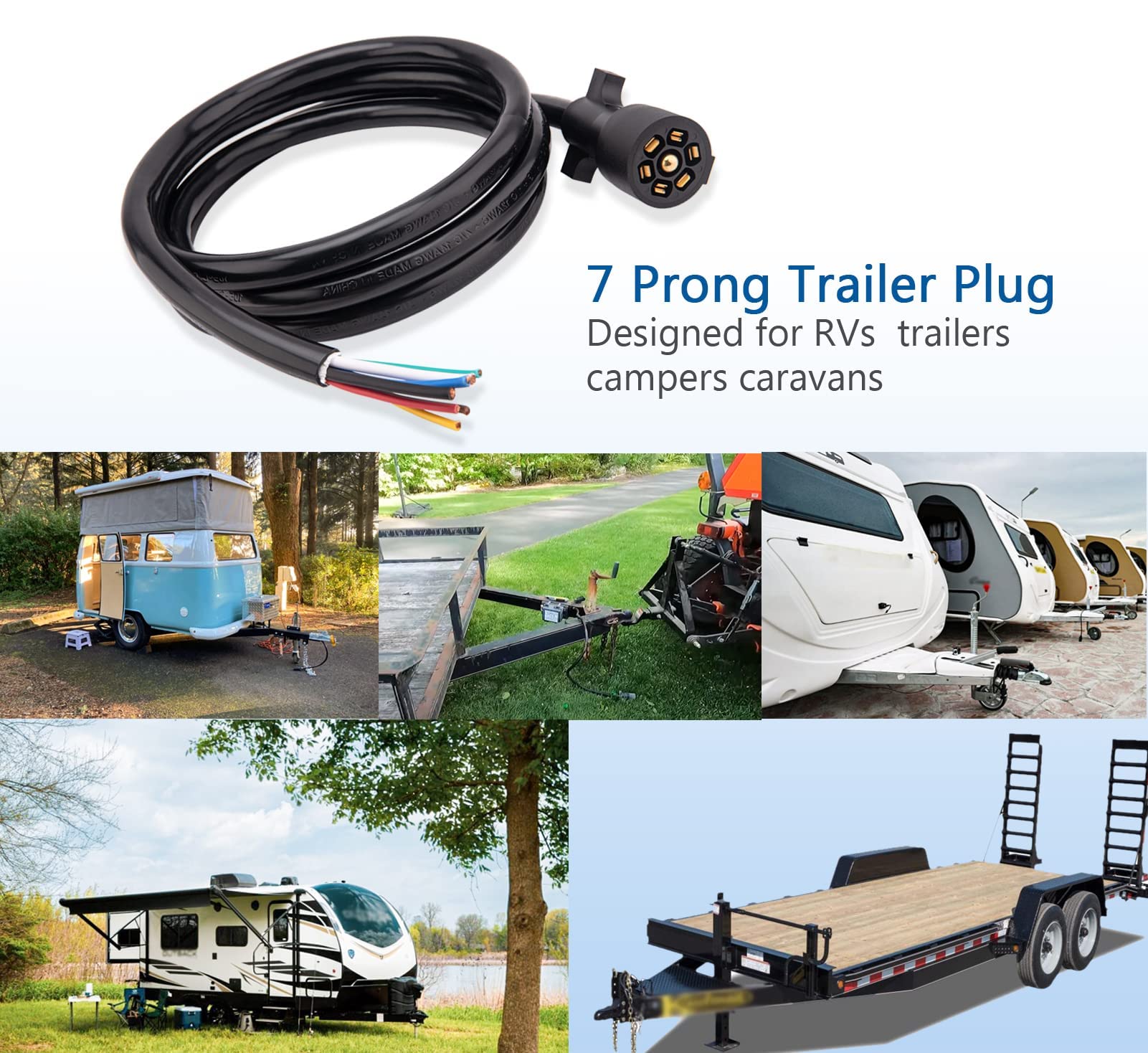 7 Pin Trailer Wiring Harness Plug, 7 Way Plug Inline Trailer Cord, 7 pin Trailer Extension, 8 Feet,Designed for RV Trailer, Truck and Camper