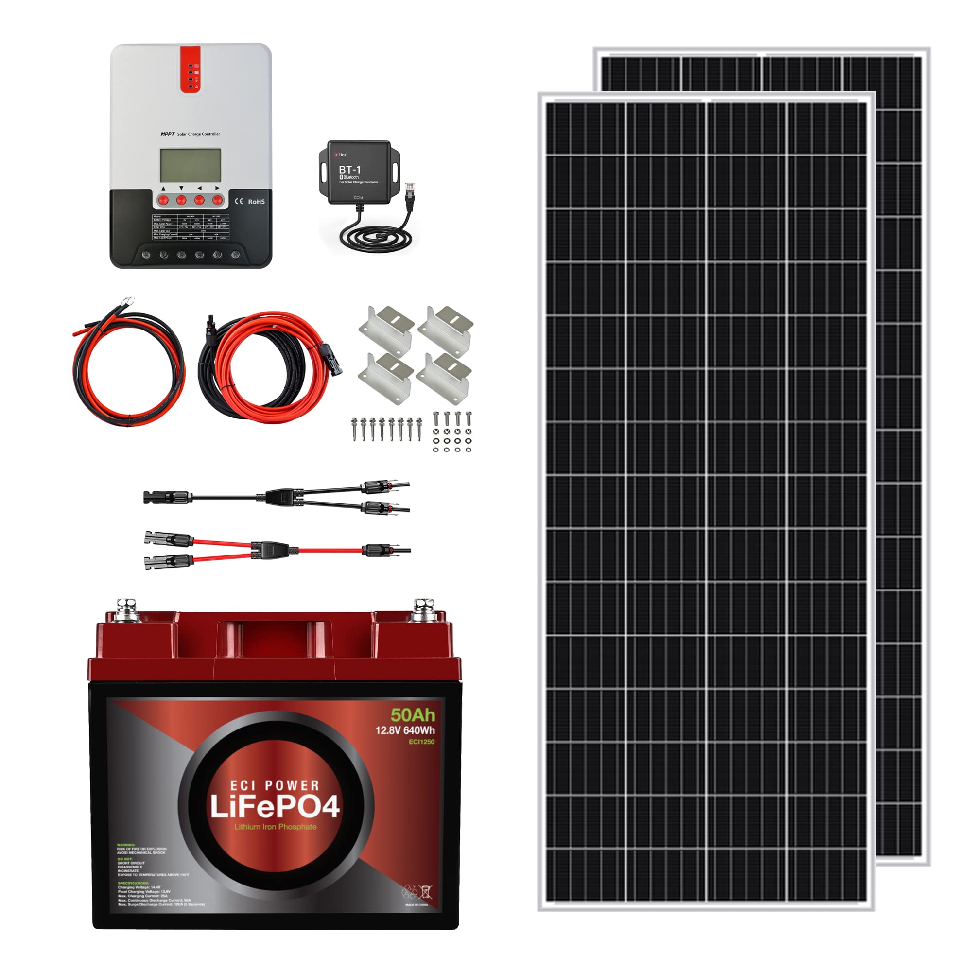 ECI Power 420W 12V Solar Power Kit | 12V 50Ah LiFePO4 Lithium Batteries | 420W Mono Rigid Solar Panels, 30A MPPT Solar Charge Controller | RV, Trailer, Camper, Marine, Off Grid, Solar Projects