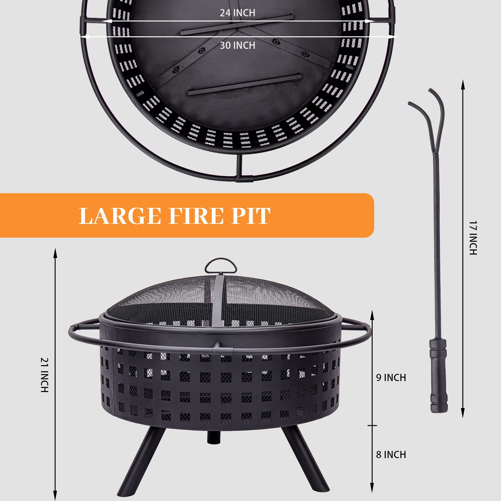 Vipush Fire Pit 30" Wood Burning Portable Outdoor Fire Pits - Large Steel BBQ Grill Fire Bowl with Spark Screen for Outside Patio ​Fire Poker Steel Round Fireplace for Camping Bonfire Beach Backyard