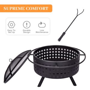 Vipush Fire Pit 30" Wood Burning Portable Outdoor Fire Pits - Large Steel BBQ Grill Fire Bowl with Spark Screen for Outside Patio ​Fire Poker Steel Round Fireplace for Camping Bonfire Beach Backyard