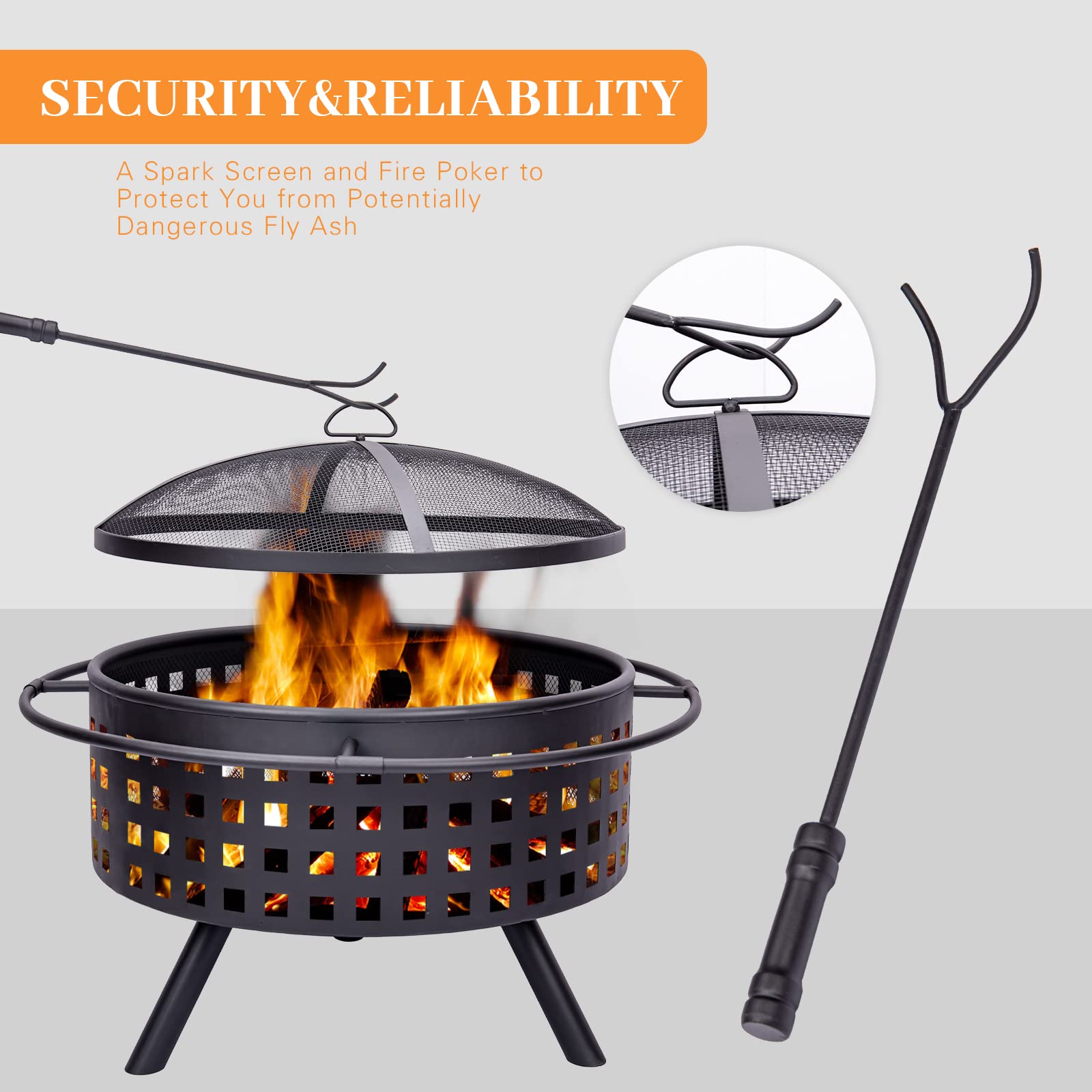 Vipush Fire Pit 30" Wood Burning Portable Outdoor Fire Pits - Large Steel BBQ Grill Fire Bowl with Spark Screen for Outside Patio ​Fire Poker Steel Round Fireplace for Camping Bonfire Beach Backyard